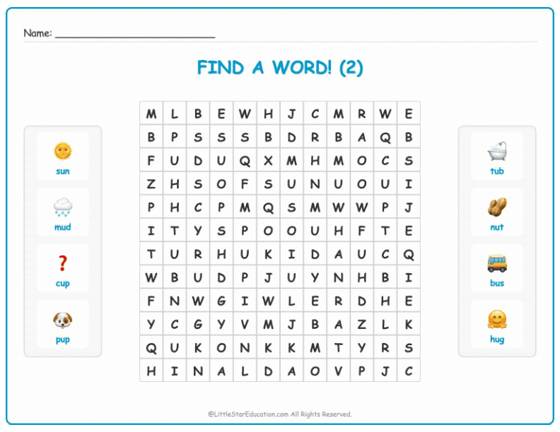 CVC Word Search – Short “u” Sound Words for Kids