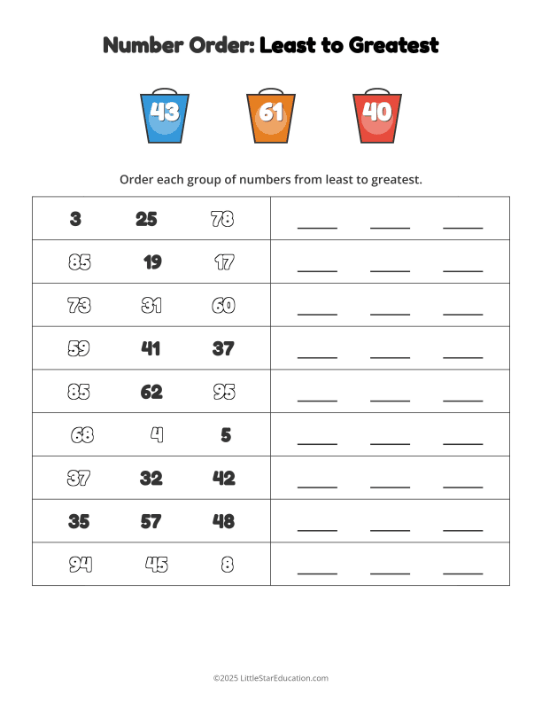 Number Order Worksheet - Least to Greatest