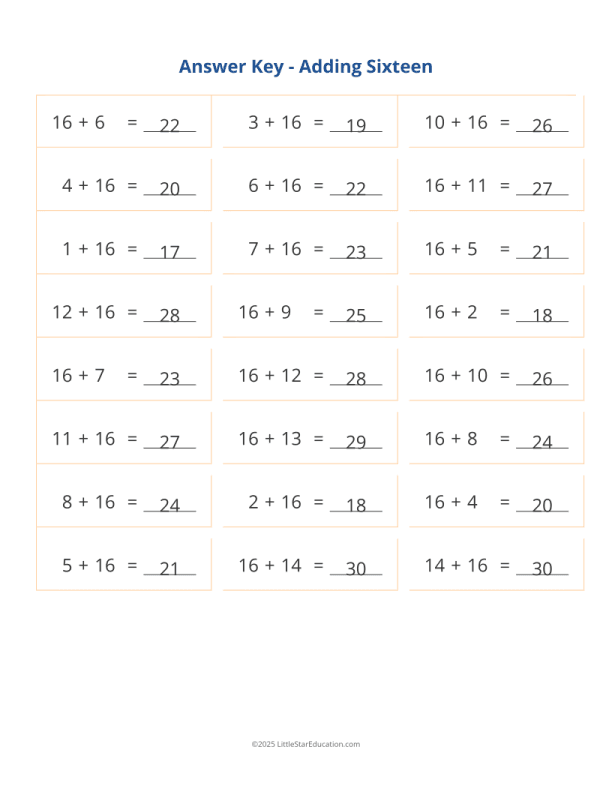 Adding 16 Worksheet