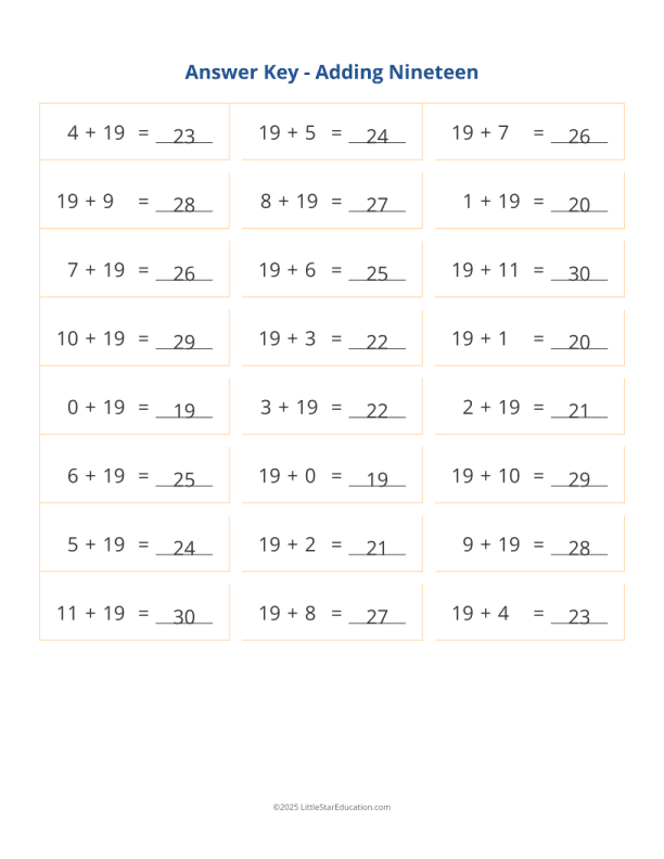 Adding 19 Worksheet