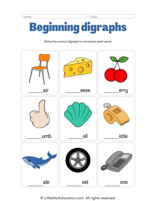 Beginning Digraphs Practice Worksheet