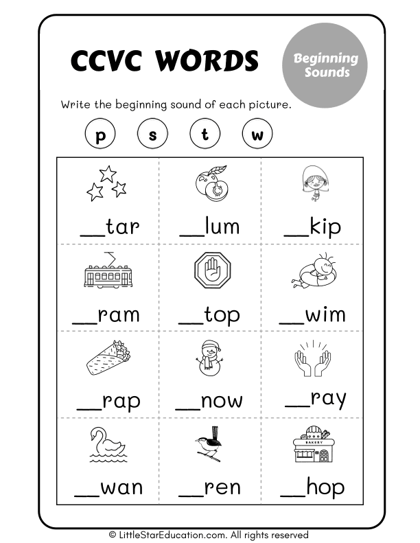 English Ccvc 'pstw' Words Worksheet