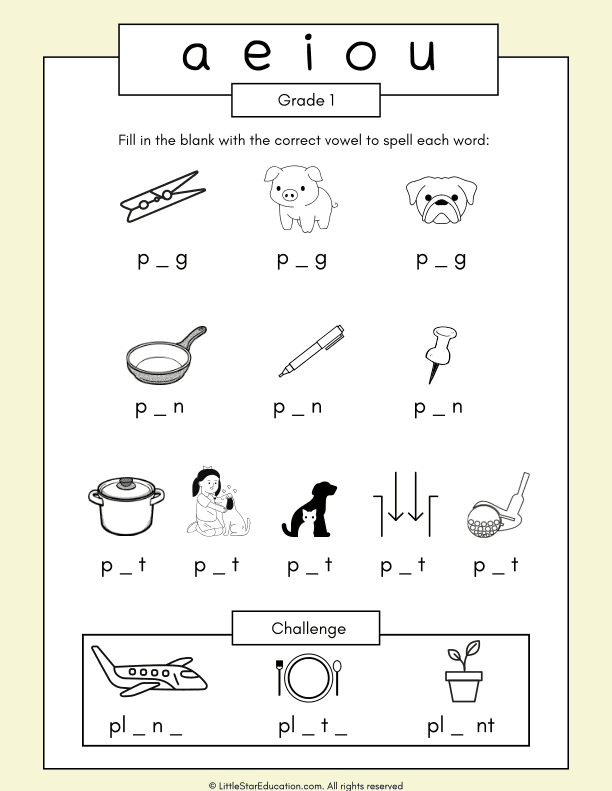 Grade 1 English Grammar Vowel Worksheet