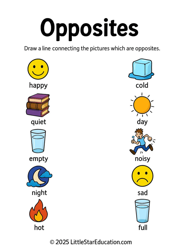 Opposites Matching Worksheet for Kids