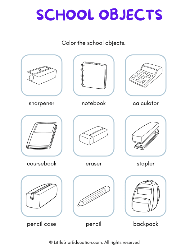 School Objects Coloring Worksheet