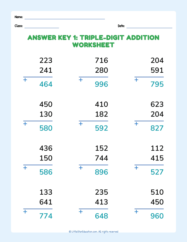 Triple Digit Addition Worksheet Basic