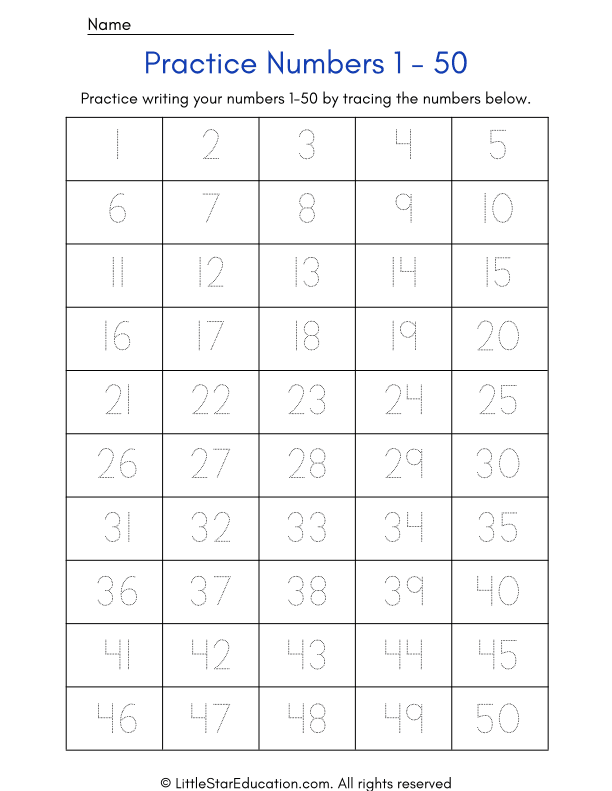 Writing Numbers 1 to 50 Worksheet